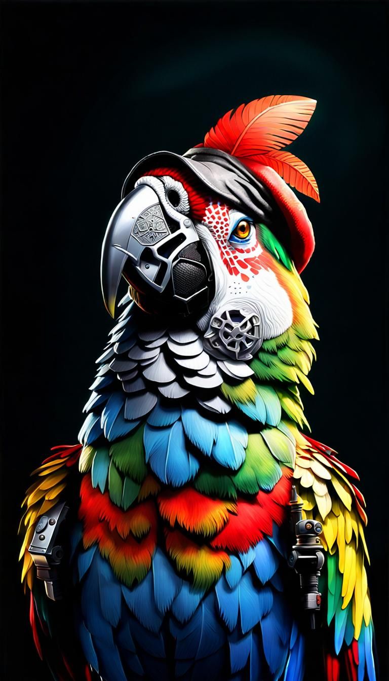 Cyborg pet parrot wearing a hat - AI Generated Artwork - NightCafe Creator