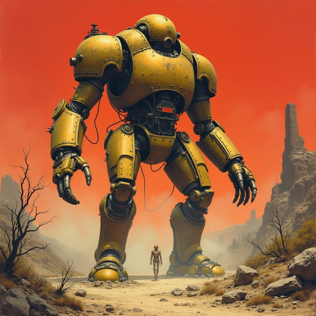 Steampunk Automaton Exploring Alien Wasteland - AI Art