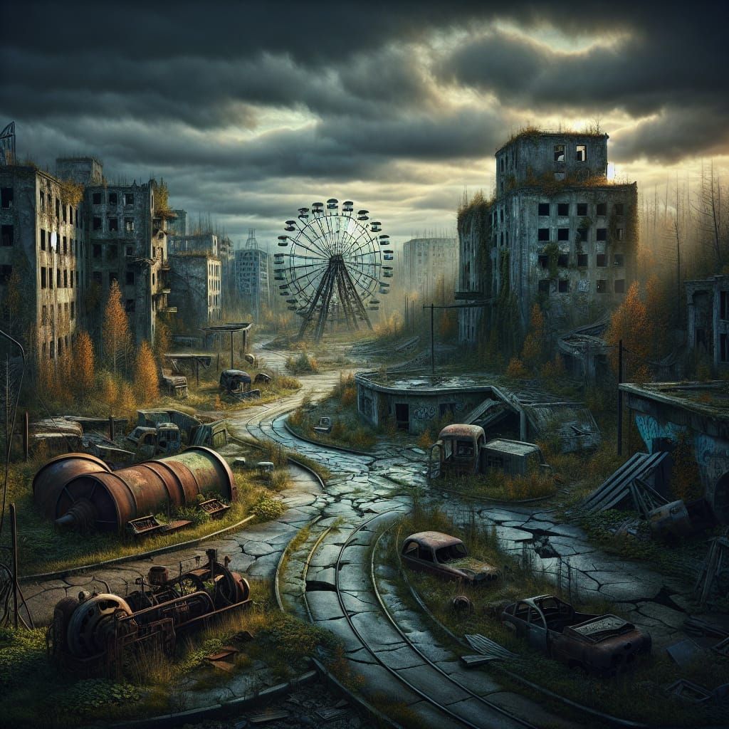 A haunting, desolate landscape depicting the aftermath of the Chernobyl ...