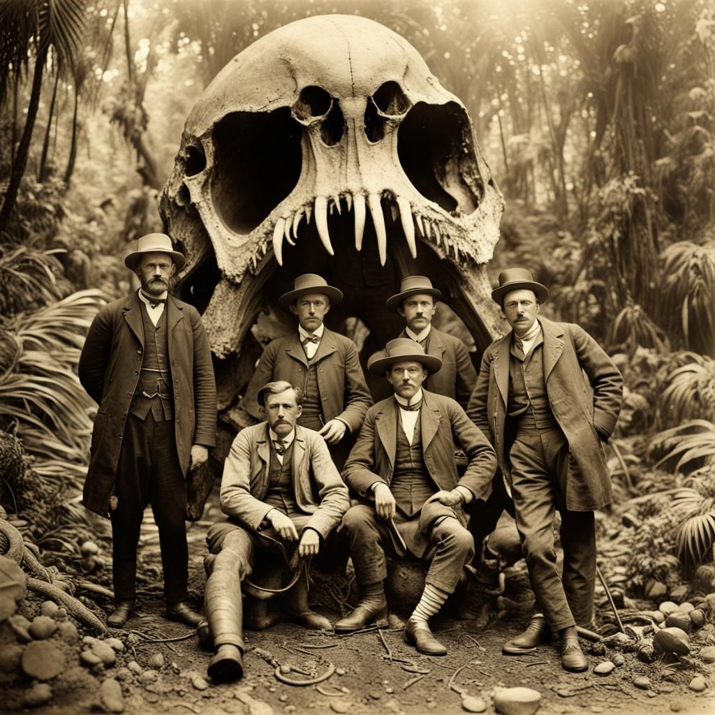 a vintage-style photograph depicting a group of explorers from the ...