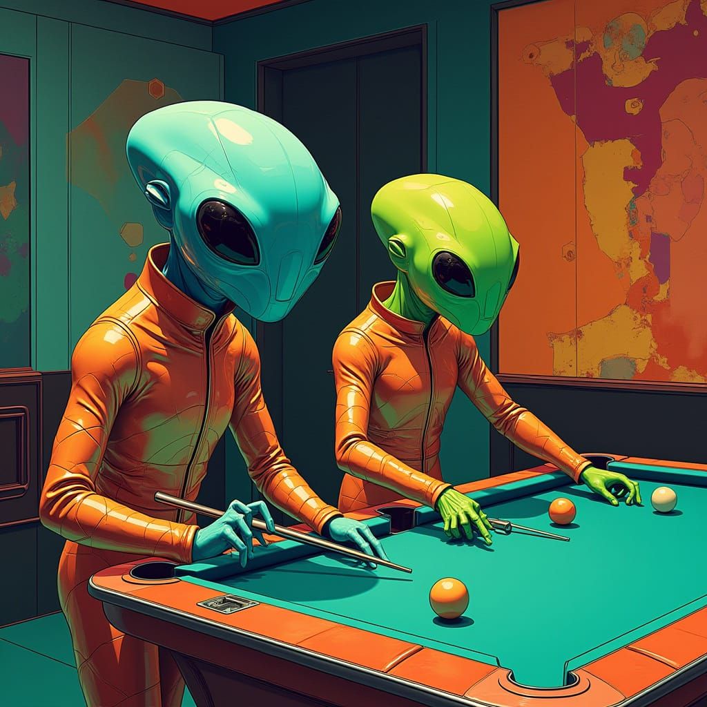 Cubist Space Aliens Play Pool in Retro-Futuristic ... - AI Art
