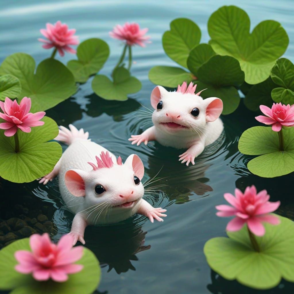 Cute little mouse-eared axolotls learning how to swim.