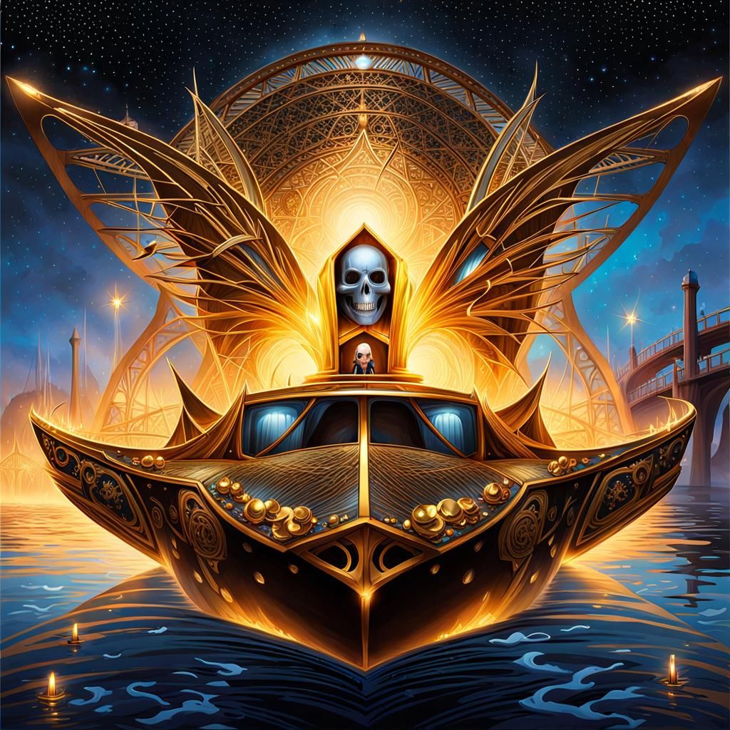 Gilt Grim Reaper on Gleaming Winged Boat