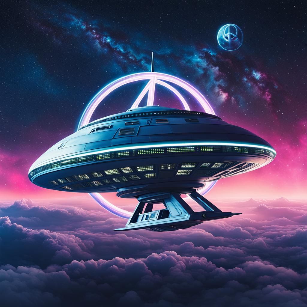 Double exposure of alien lofi scifi spacecraft and peace sign - AI ...