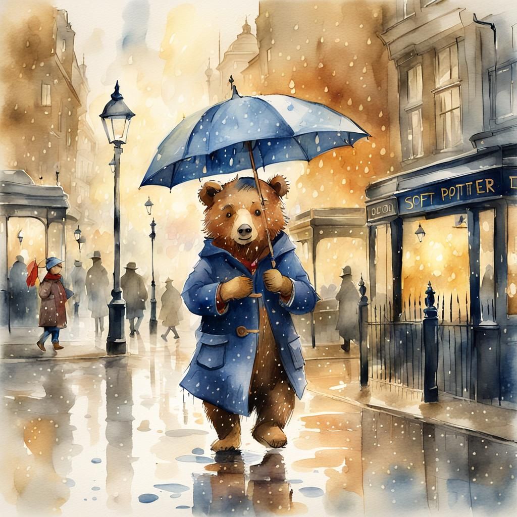 Whimsical Paddington Bear Watercolor in London Rai... - AI Art