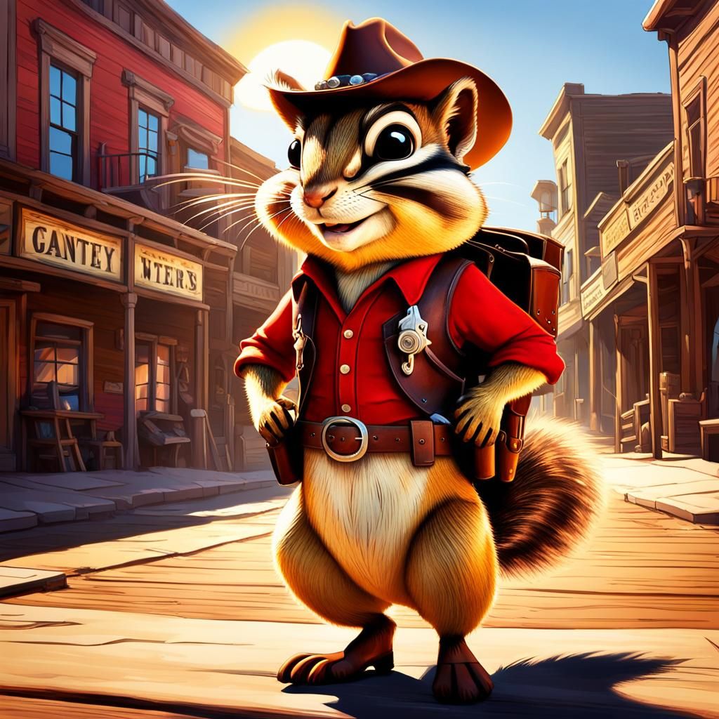 Chipmunk Cowboy Rides into Town in a Western Carto... - AI Art