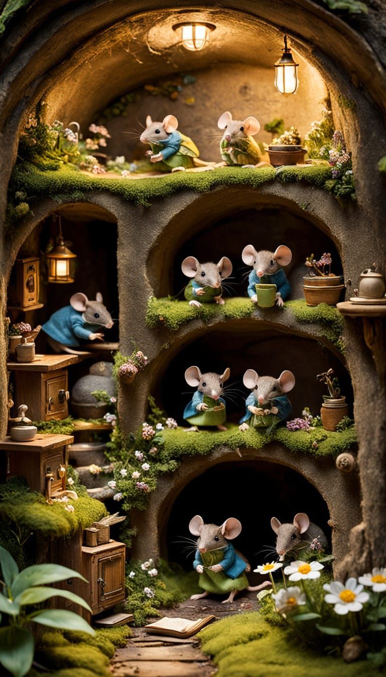 Cozy Mouse Family Burrow in Whimsical German Style - AI Art