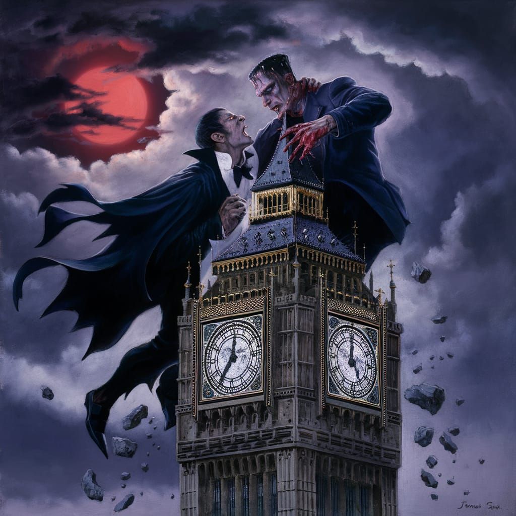 Gothic Oil Painting of Dracula and Frankenstein Ba... - AI Art