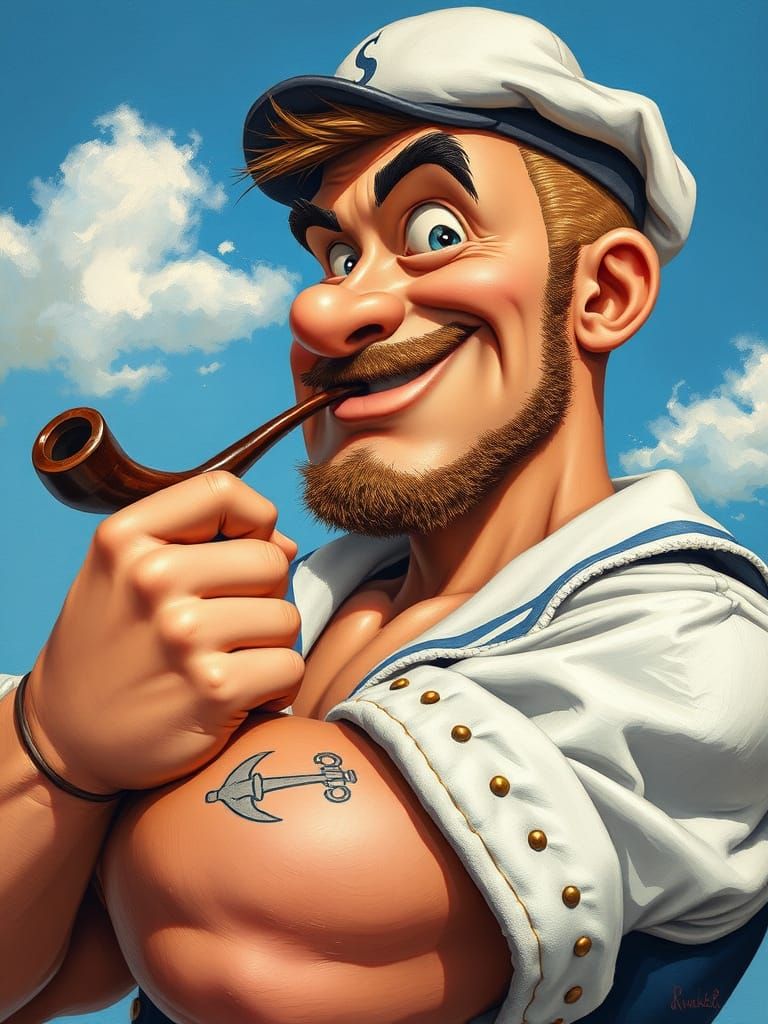 Create a hyperrealistic oil painting of Popeye the Sailor Man. He ...