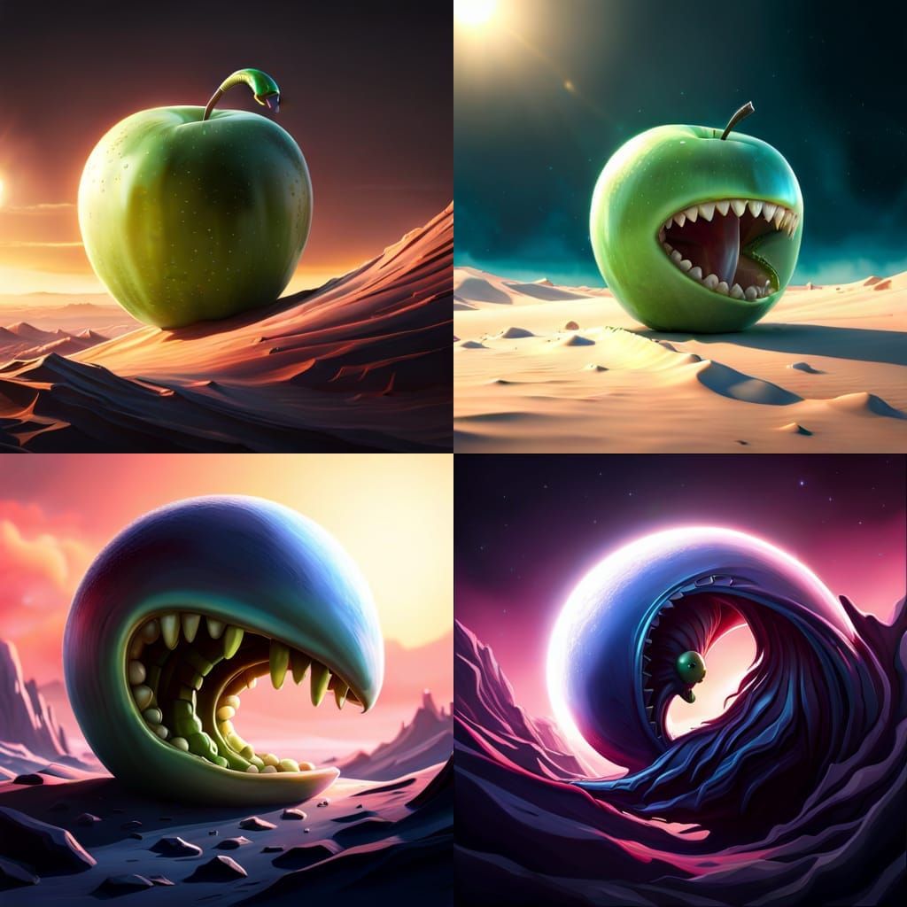 An alien worm sticking his head out of a stunning apple. Cosmic Epic ...