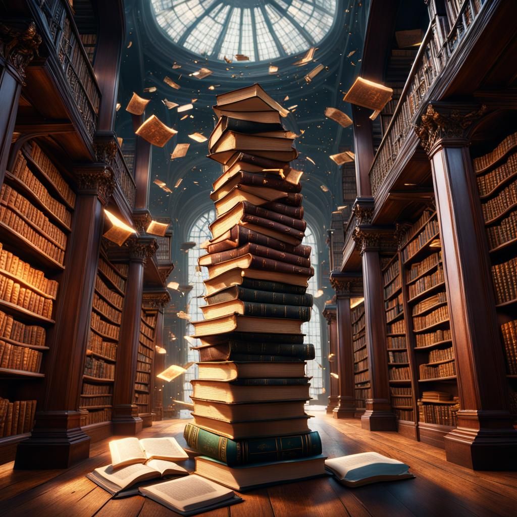 A stack of magical books flying through a library - AI Generated ...