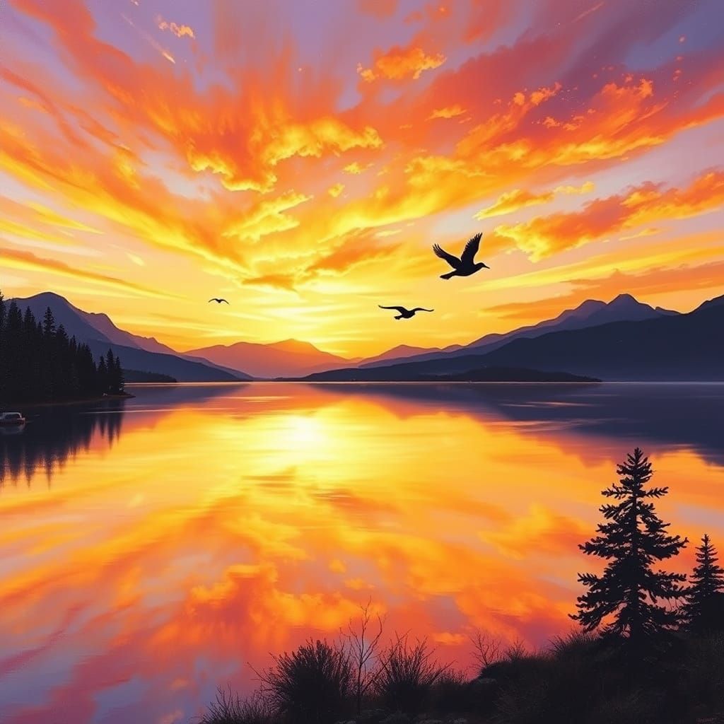 Visualize a splendid sunset awash with shades of purple, red, orange ...