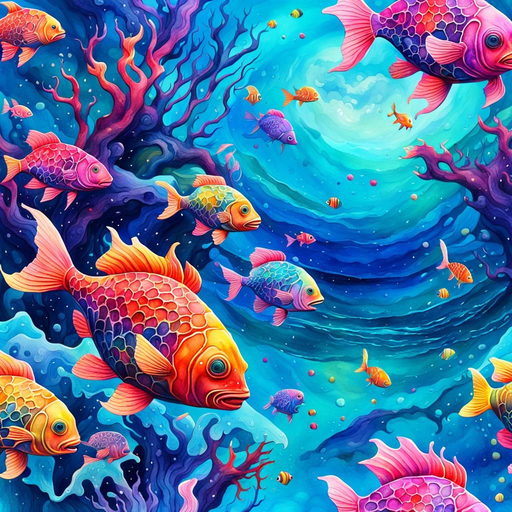 alien fish psychedelic surreal ocean abstract watercolor ecosystem ...