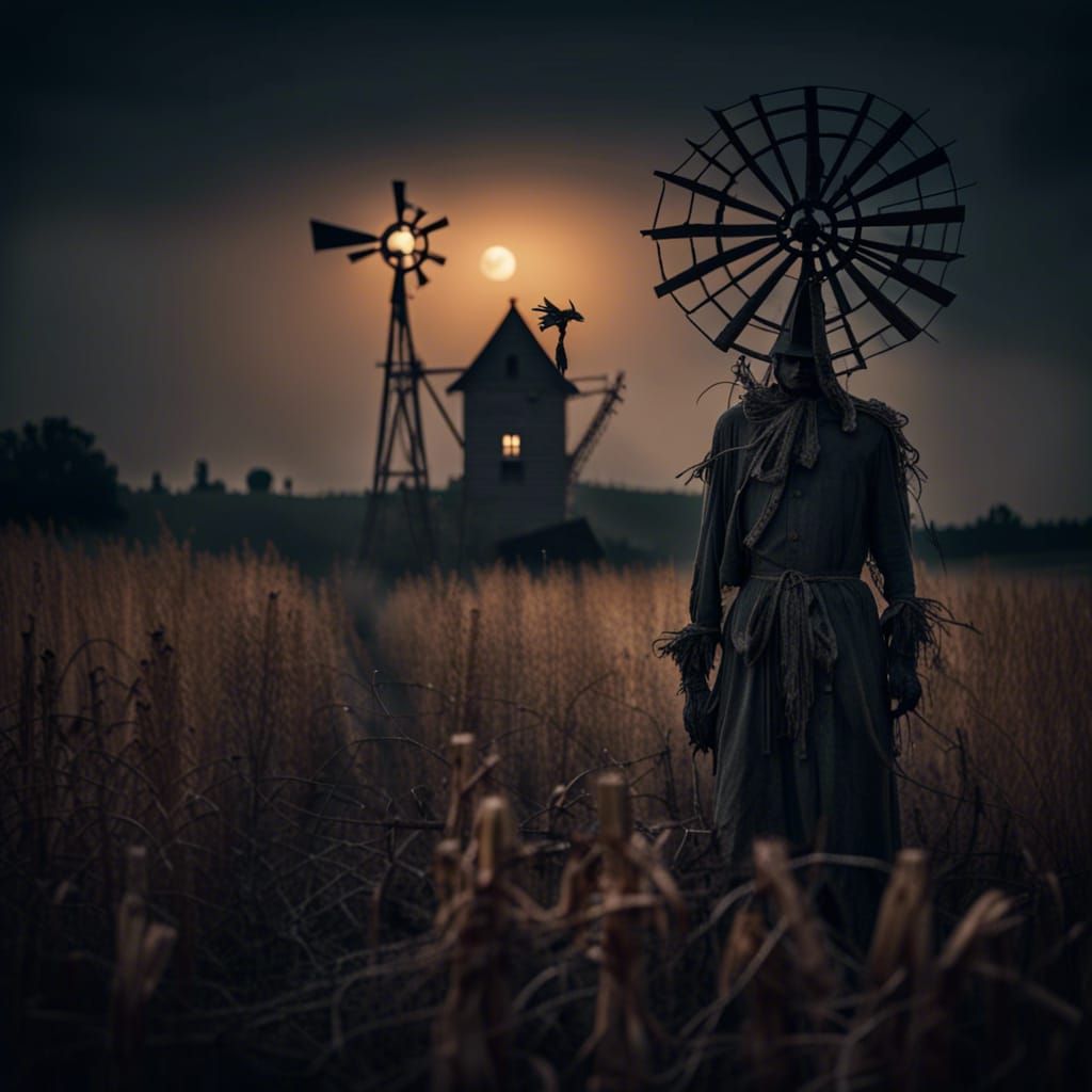 A creepy scarecrow standing in front of an old windmill - AI Generated ...