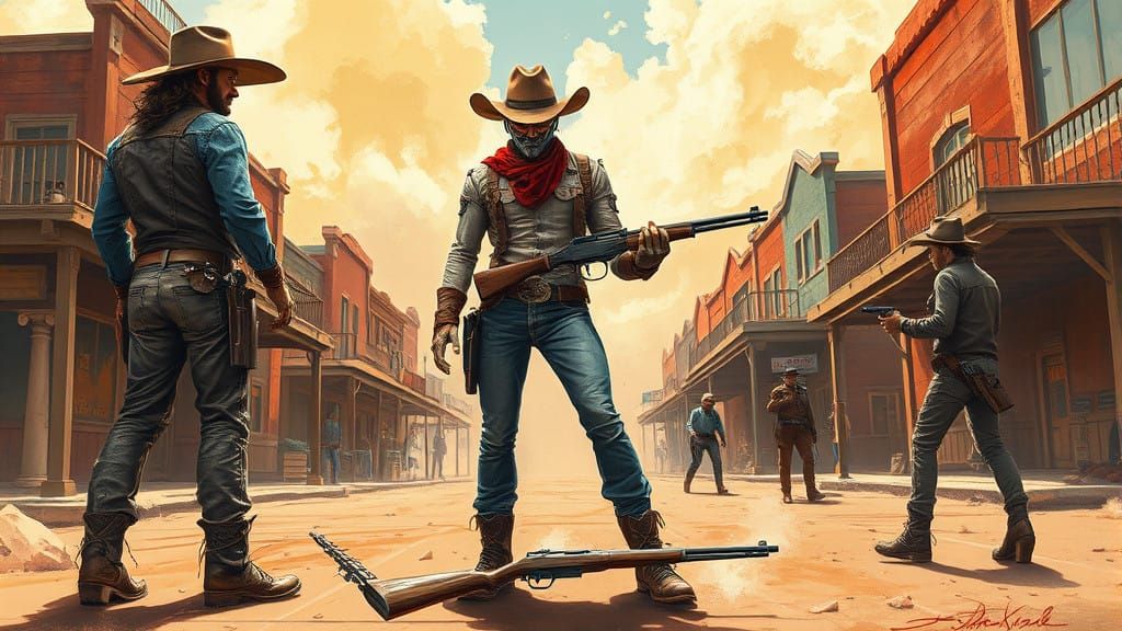 Cybernetic Cowboy Battles Sheriff in Gritty Neo-We... - AI Art