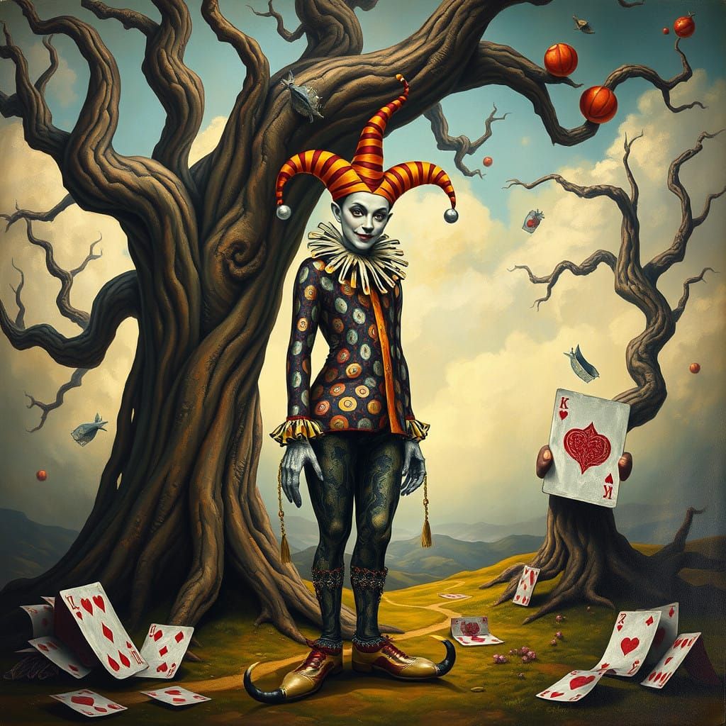 Realistic oil painting. Surreal jester in wonderland.