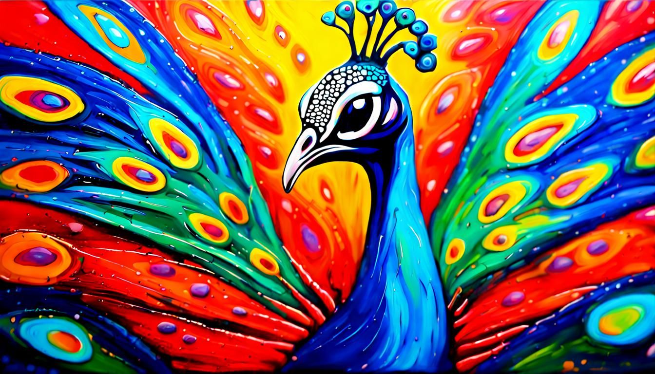 alien peacock like being , mating dance , very colorful and bright to ...