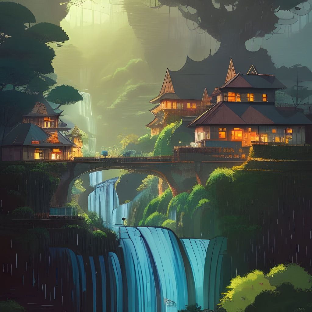 Cozy Little Waterfall Village - AI Generated Artwork - NightCafe Creator