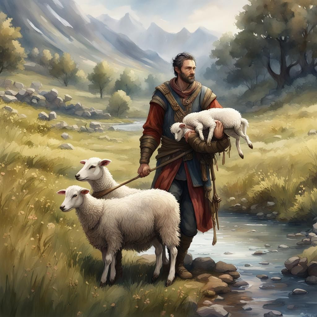 , a shepard carrying a lamb, in a pasture near a stream - AI Generated ...