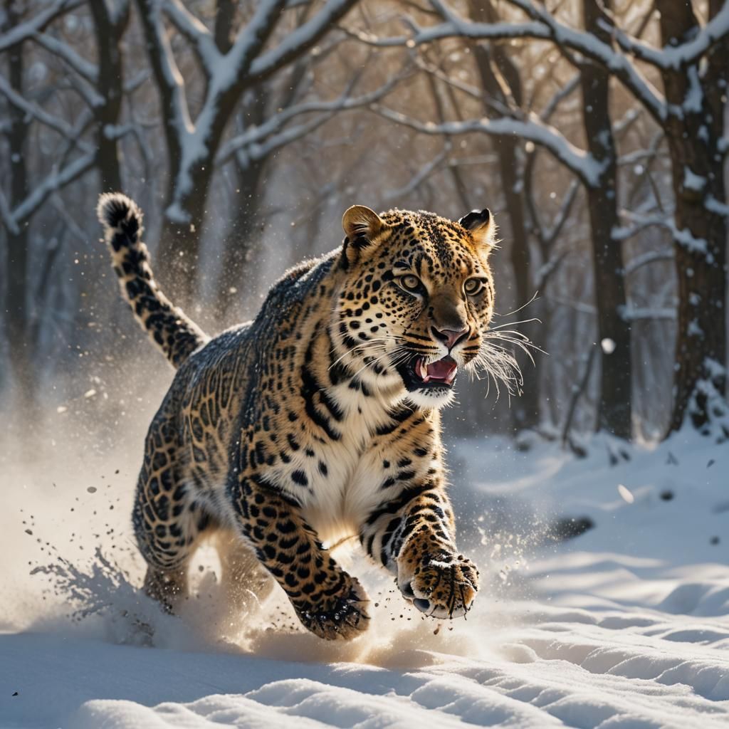Leopard running in the snow - AI Generated Artwork - NightCafe Creator