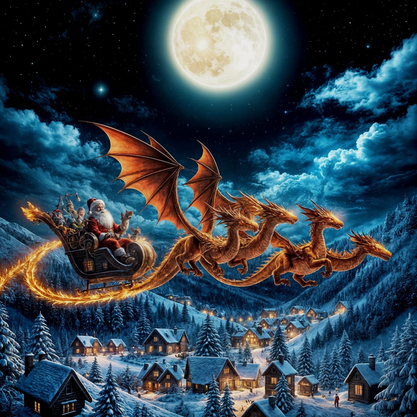 Santa Claus in his sleigh being pulled by the fiery dragons across the ...