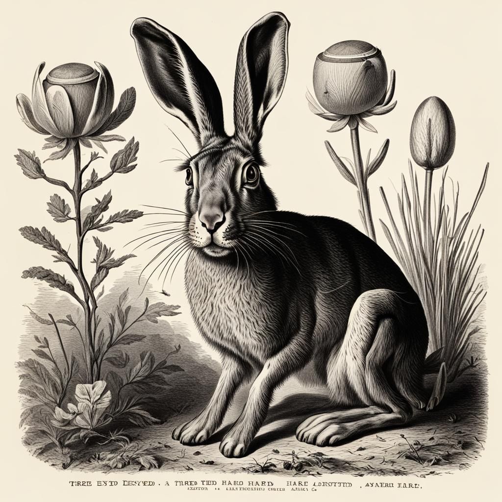 Three eyed hare, black and white 1800s illustration, botanical drawing ...
