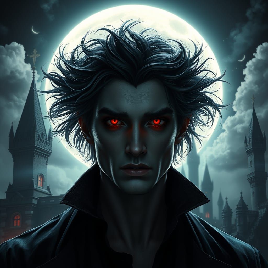 Ethereal Vampire Queen Under Moonlit Castle Skies - AI Art