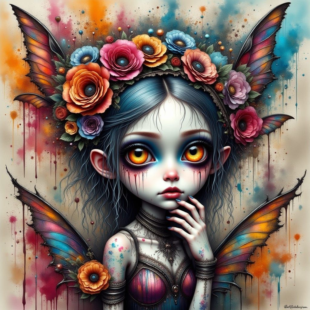 Pixie Fae - Gothic Pixie Fae Girl in Vibrant, Textured Art