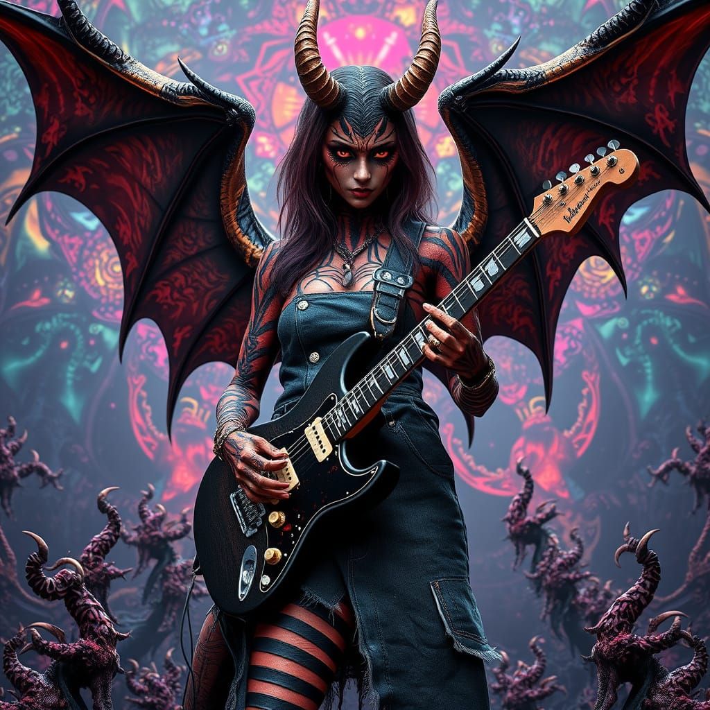 whimsical red,orange, black tiger stripped winged Goth , long clawed ...