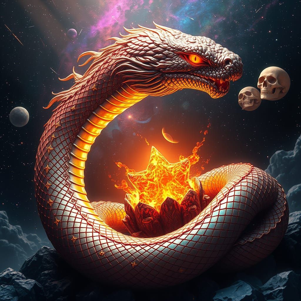 Majestic Serpentine Creature Unfolds in Cosmic Dan... - AI Art
