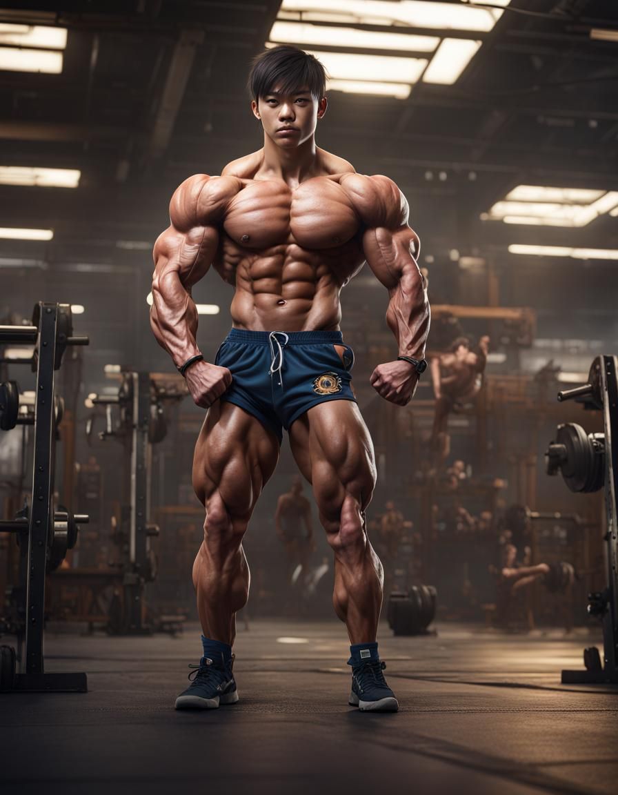 Japanese highschooler teen, huge muscle bodybuilder physique, gym ...