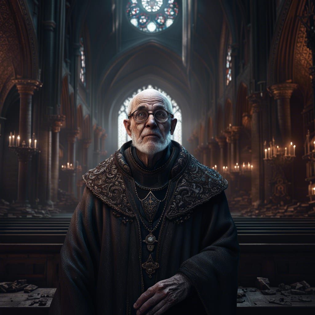 Old monk wearing glasses in a gothic church covered in ashes - AI ...