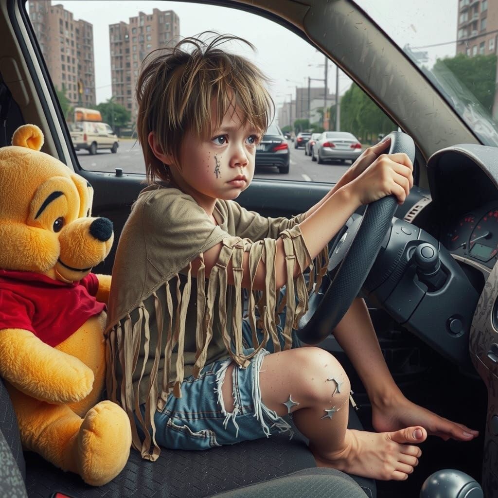 sad driver - Melancholic Driver in Rainy Cityscape