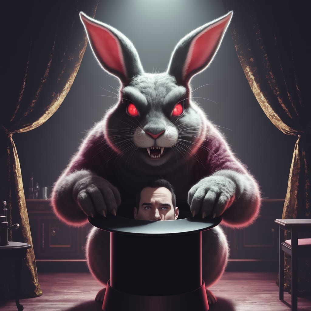 (Giant Psycho rabbit)pulling a( head out of a hat)