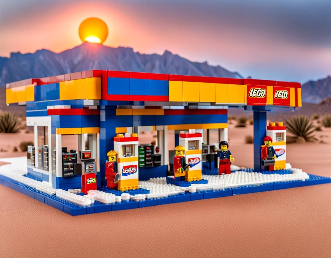 Desert sunrise, Lego gas station, busy day, with Lego vending machines ...