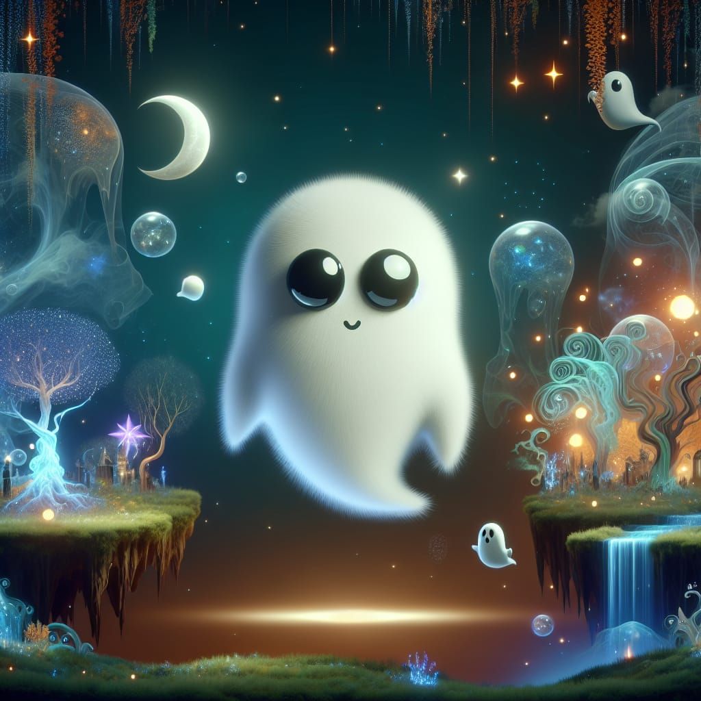 a cute little wispy ghost with big eyes is hiding in a fantasy dream ...