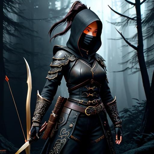 ""Cinematic fantasy landscape 3D HDR, in a dark deepest forest, a ninja ...