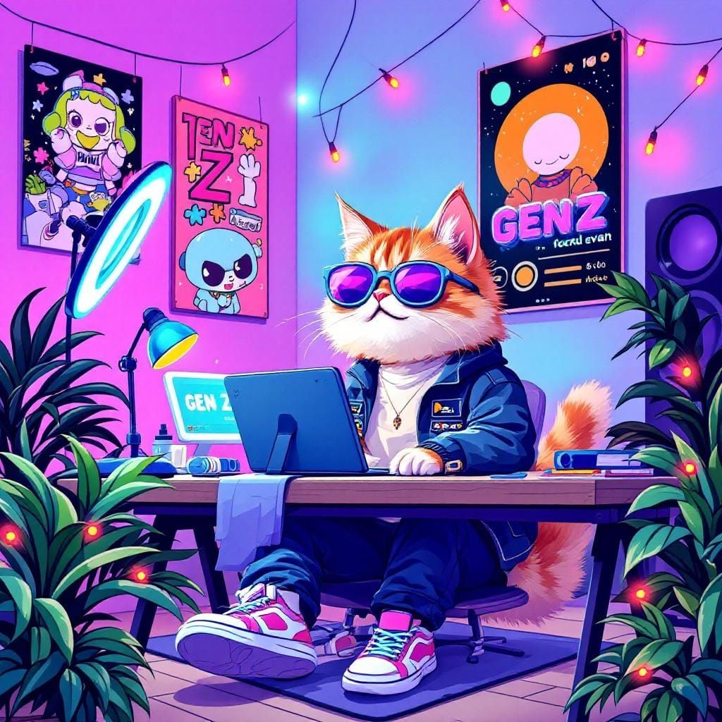 : A Gen Z cat - Gen Z Cat Recording Video in Vaporwave Anime...