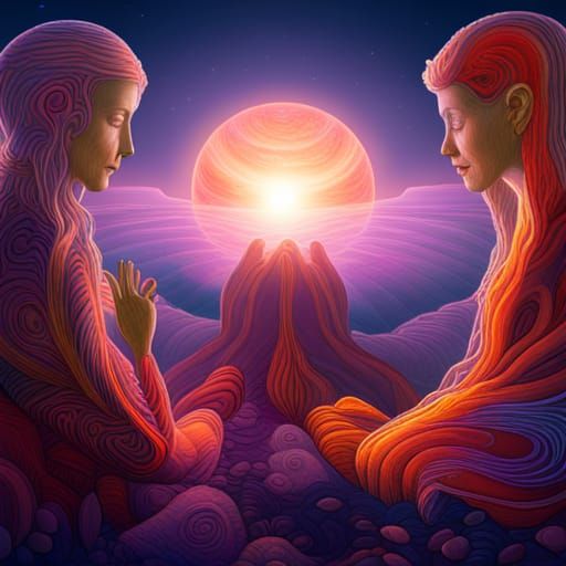 A group of souls, several translucent beings looking at planet Earth ...