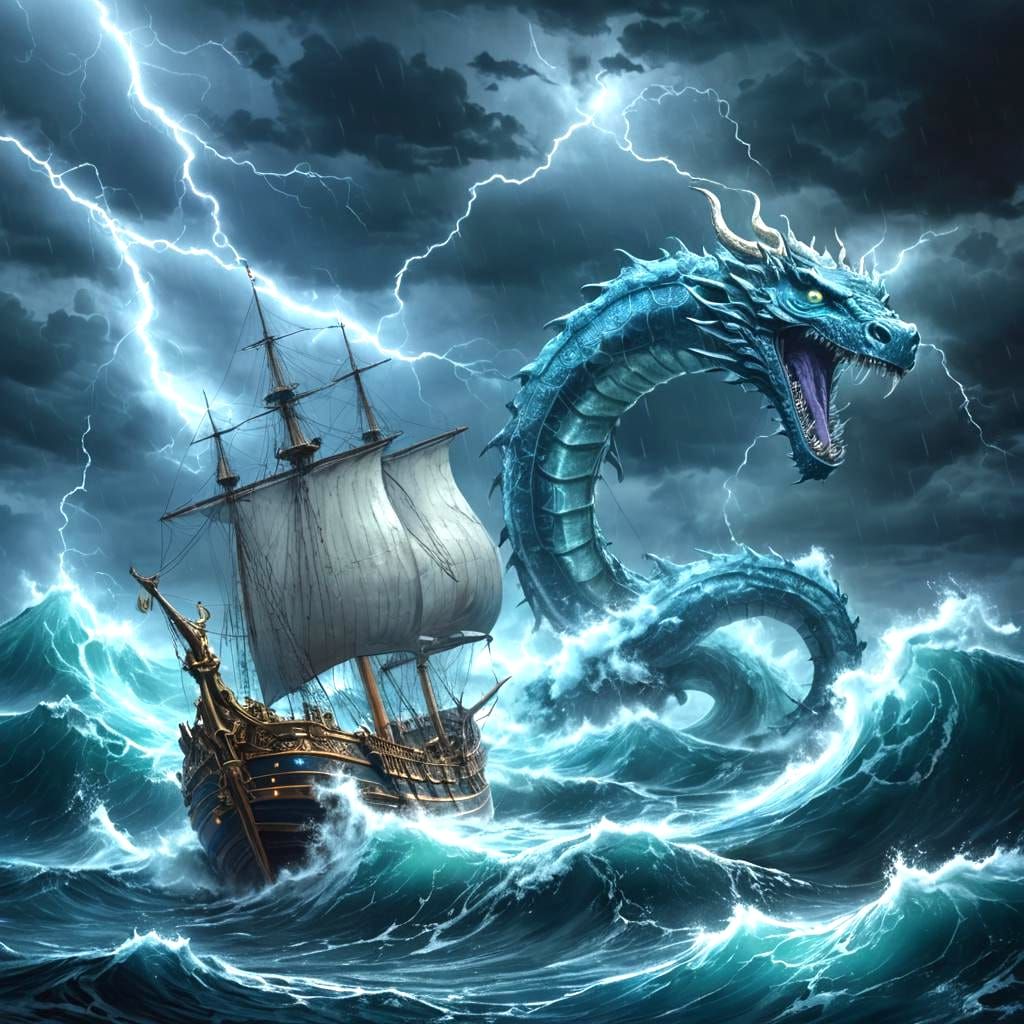 A massive mythical sea serpent thrashing in the turbulent ocean.