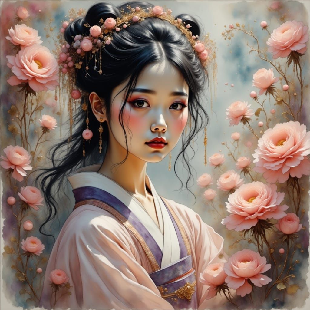 Peony blossoms - Beautiful Korean Girl in Traditional Hanbo...