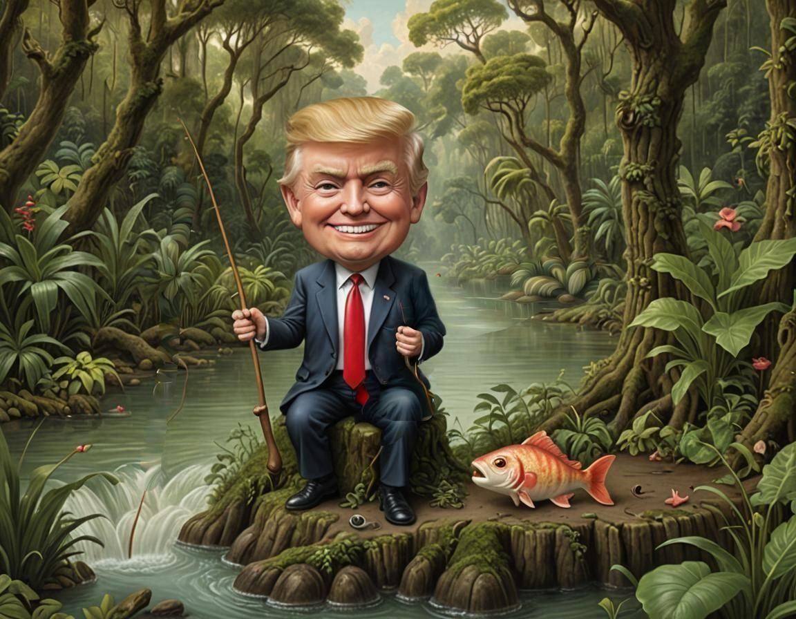 My Open Prompt: Caricature Historical Figure, Smiling Trump Fishing in ...