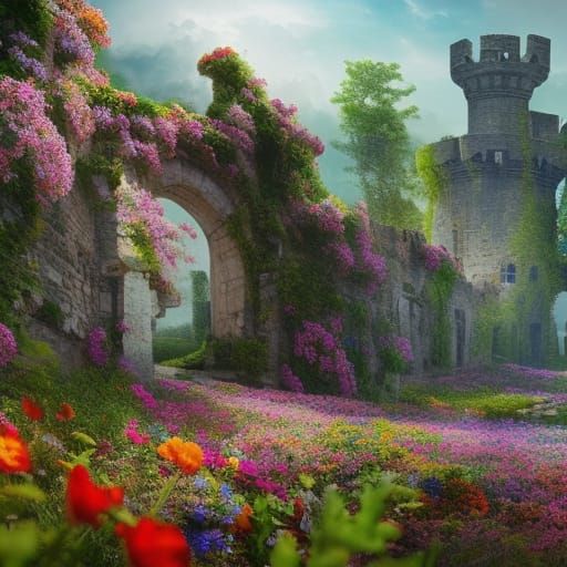 Ruins of a medieval castle covered in colorful flowers and trees with ...