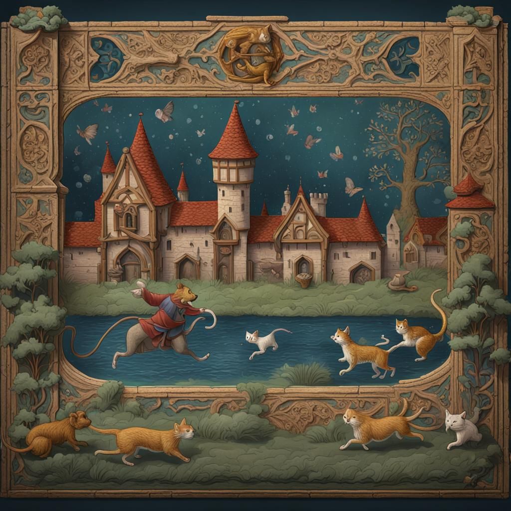 Medieval manuscript illumination of a mouse chasing a cat chasing a dog ...