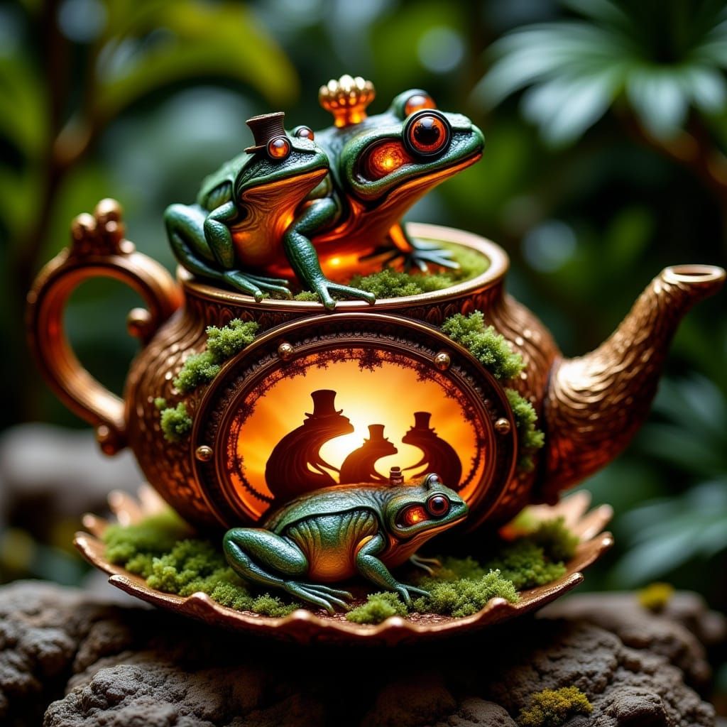 Coqui Tea Time Too - Steampunk Hawaiian Frogs Enjoy Whimsica...