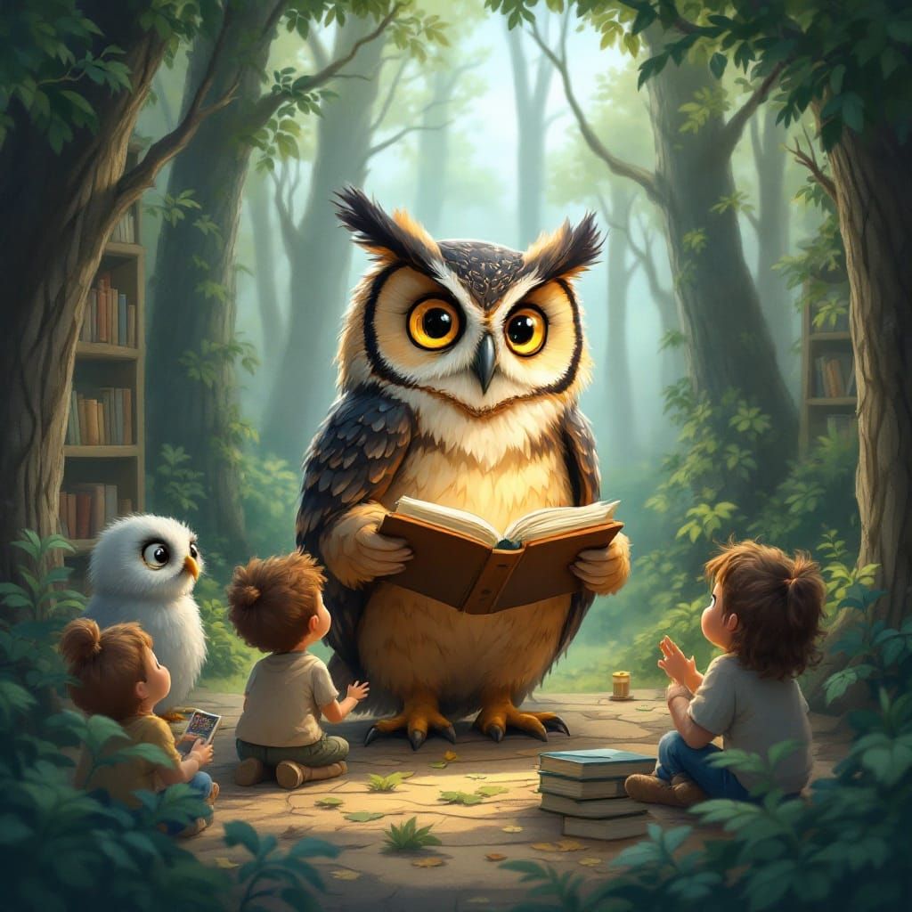 Librarian owl lecturing children in a forested library.