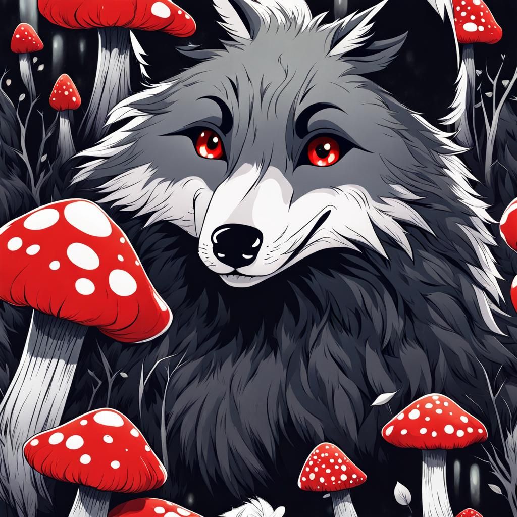 anime cute ink wolf, long black fur, red eyes in a mushroom forest - AI ...