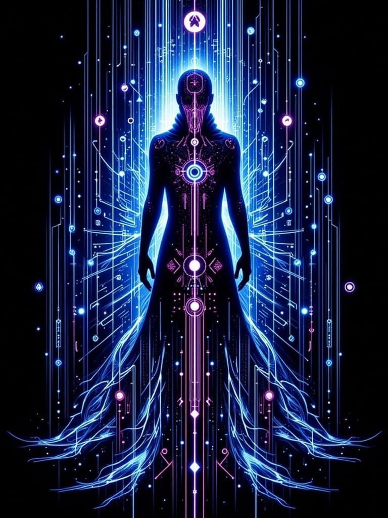 A humanoid form composed of glowing code glyphs, shifting data strands ...