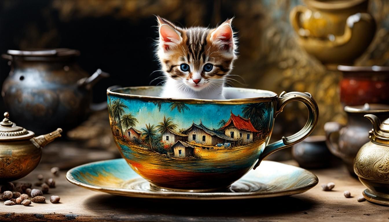 Benin: Rural Fishing Village on a Cup with a Kitten - AI Generated ...