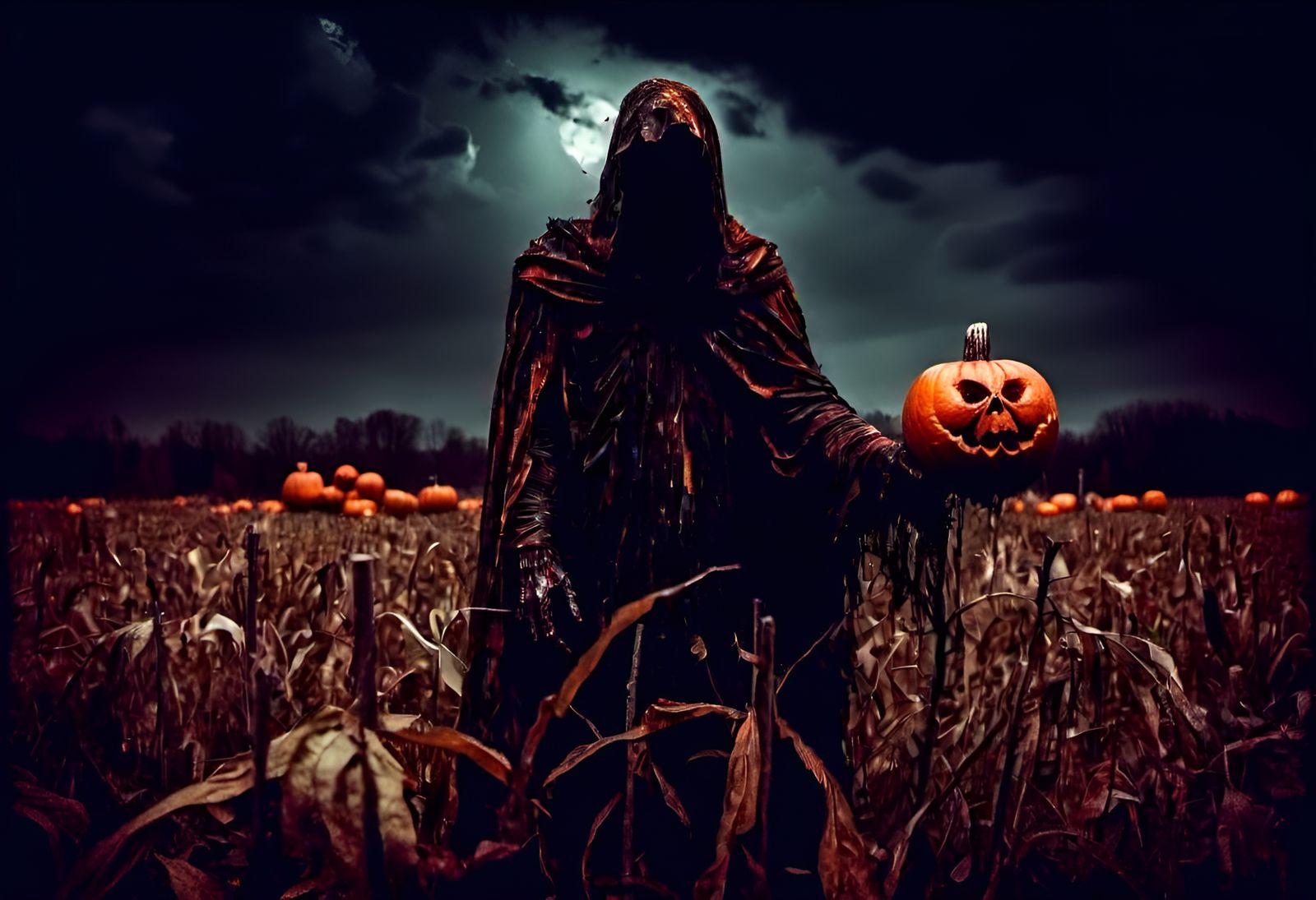 Orange cloaked rotten hooded god pumpkin field glowing eyes Kodak Ektar ...